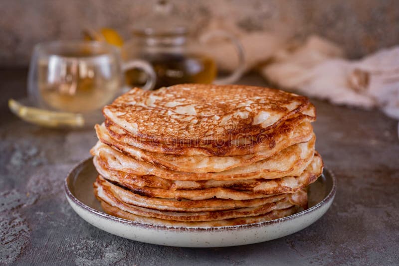 Stack Thin Large Pancakes Plate Gray Background Breakfast Close Up ...