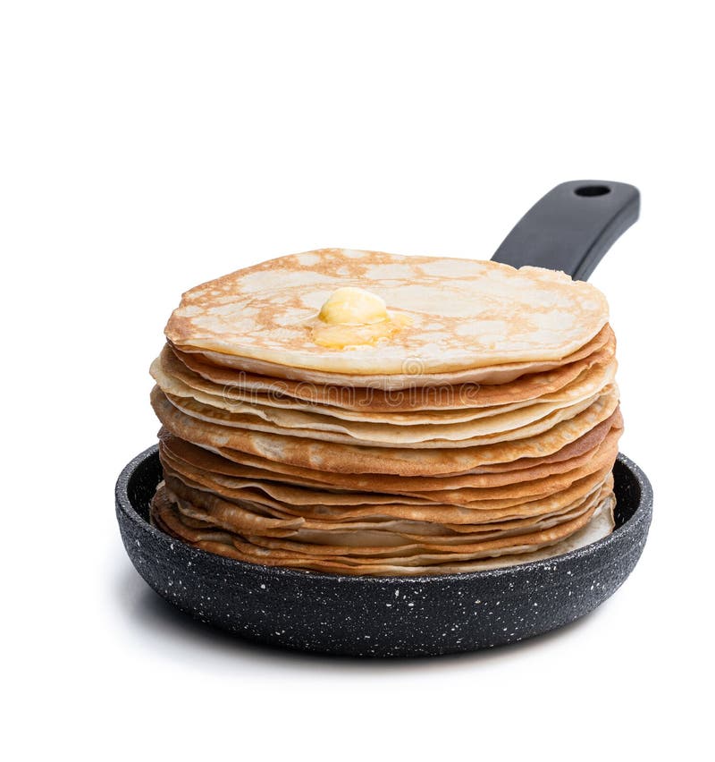 Stack of Thin Pancakes in Small Frying Pan Isolated on White Stock ...