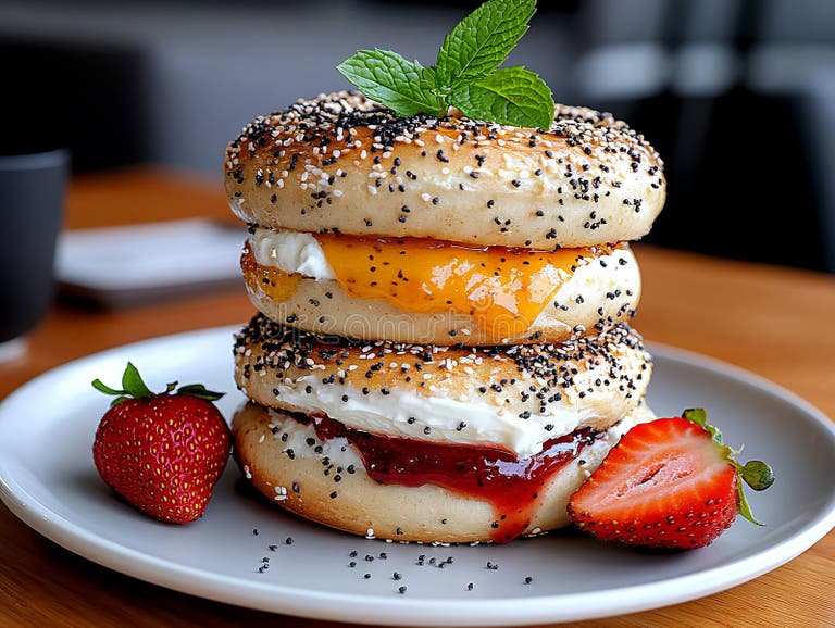 A Stack of Three Bagels on a Plate with Strawberries and Cream Cheese ...