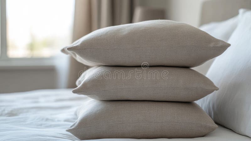 Stack of Three Beige Textured Pillows on a Bed Stock Illustration - Illustration of interior ...
