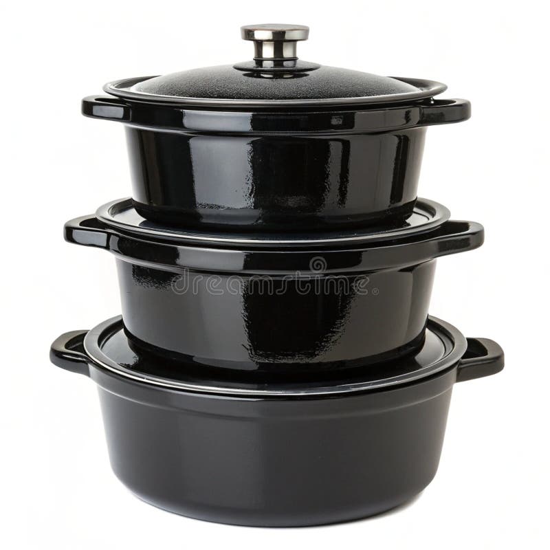 Stack of Three Black Pots Isolated on White Background Stock ...