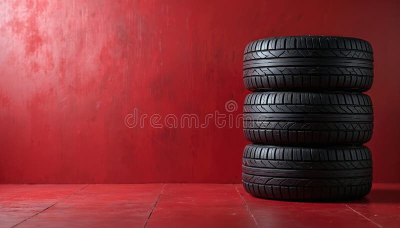 Stack of Three Black Tires. Automotive Display Features Textured ...