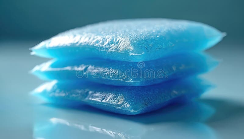 Stack of Three Blue Gel Ice Packs on Reflective Surface. Cooling ...