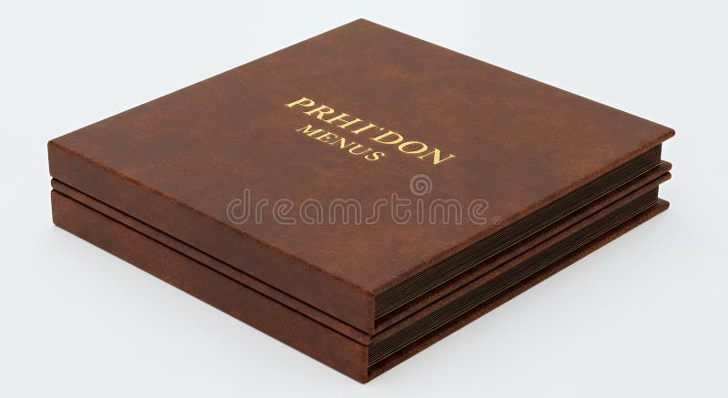 Stack of Three Brown Leatherbound Menus with Gold Lettering on White ...