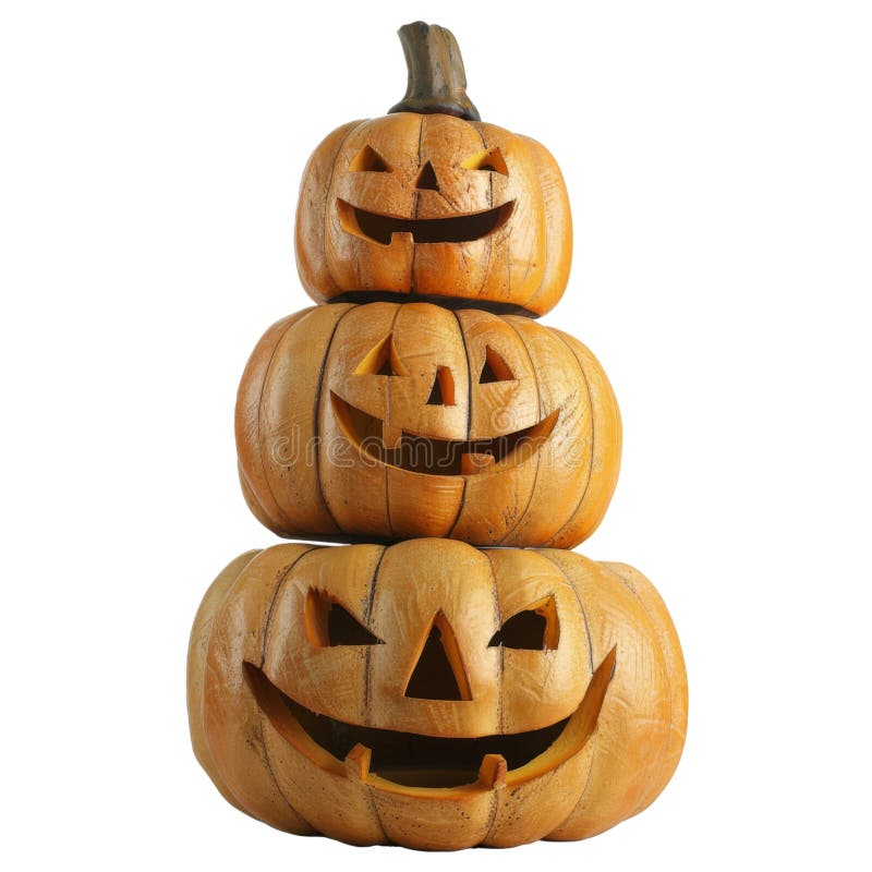 Stack of Three Carved Jack-O -Lantern Pumpkins with Grinning Faces ...
