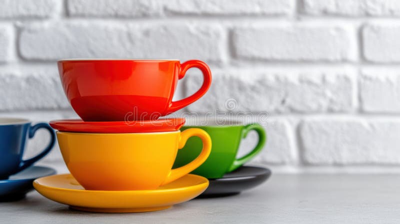 A Stack of Three Colorful Cups on Saucers in Front of a Brick Wall, AI ...