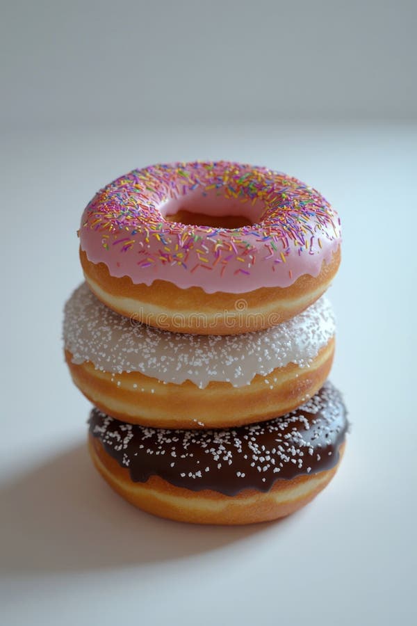A Stack of Three Colorful Donuts with Sprinkles, Perfect for Bakery or ...