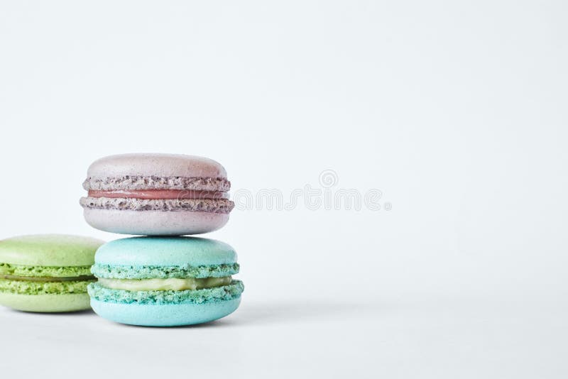 Three Colorful French Macarons, Stacked in Pyramid. Macaroons Cakes ...