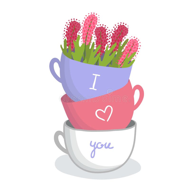 Stack of Three Colorful Teacups with the Phrase I Love You, Flowers in ...