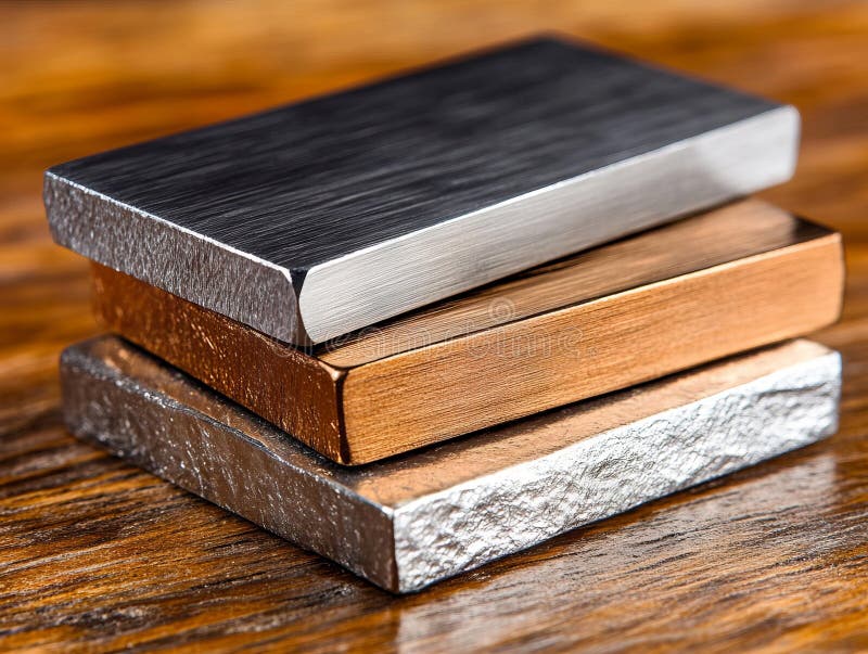 A Stack of Three Different Colored Metal Blocks on a Wooden Table Stock ...