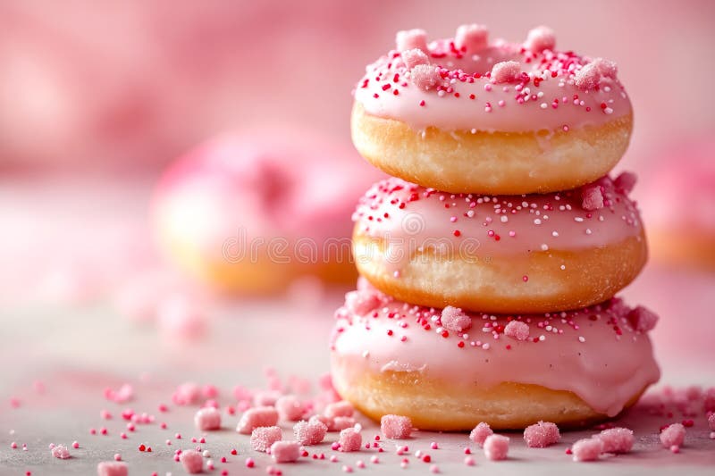 A Stack of Three Donuts with Pink Frosting and Sprinkles on Top ...