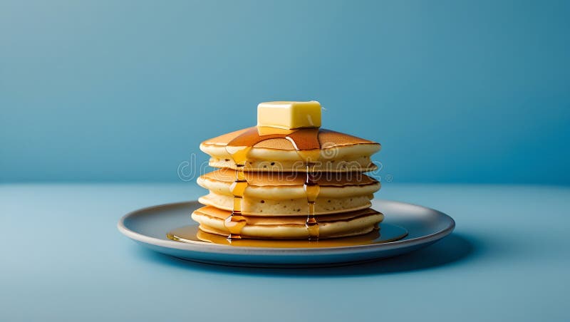 Stack of Three Fluffy Pancakes with Butter and Maple Syrup on Blue ...