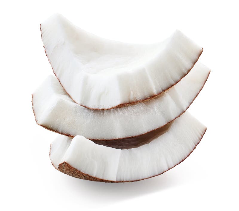 Stack of Three Fresh Coconut Pieces or Slices on White Background Stock ...