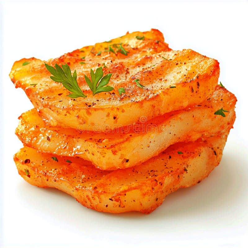 A Stack of Three Fried Pork Belly Slices with Parsley Garnish on a ...