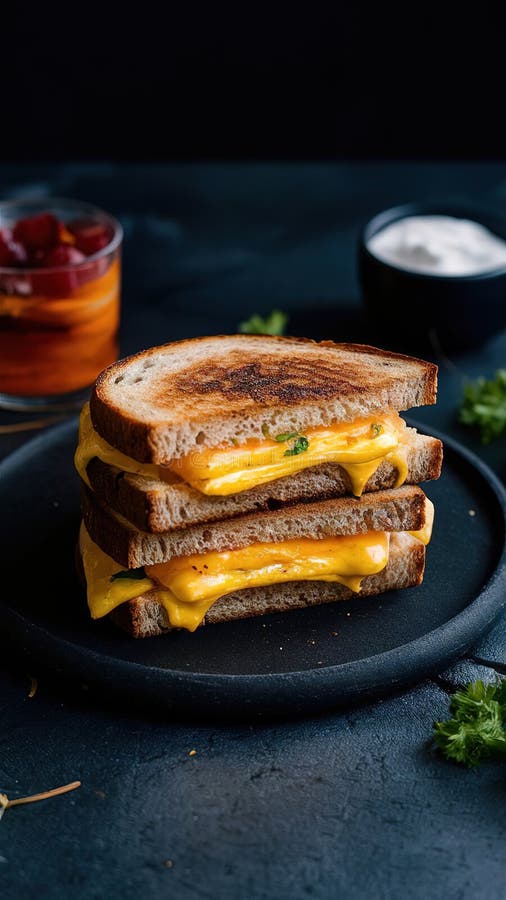 A Stack of Three Grilled Cheese Sandwiches on a Black Plate Stock Photo ...