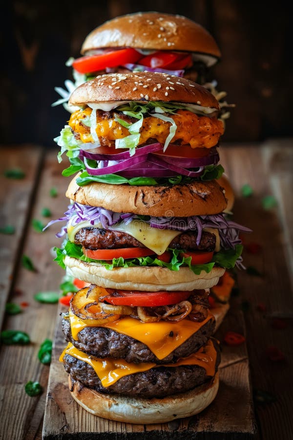 A Stack of Three Hamburgers Stacked on Top of Each Other on a Wooden ...
