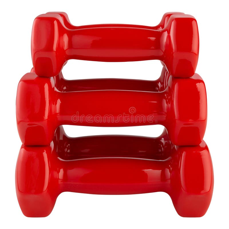 A Stack of Three Pairs of Red Dumbbells of Different Weights, on a ...