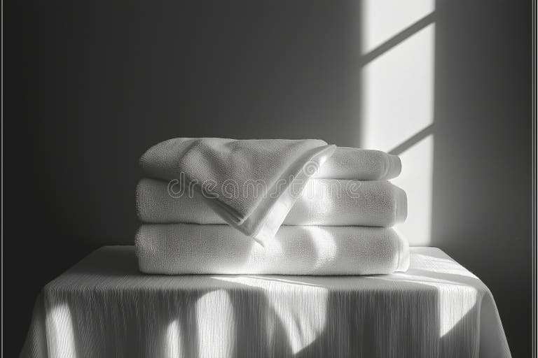 Stack of Three Perfectly Folded Clean White Towels on Black Background ...