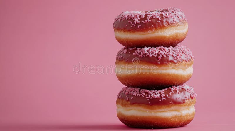 A Stack of Three Pink Frosted Doughnuts with Sprinkles on a Pink ...