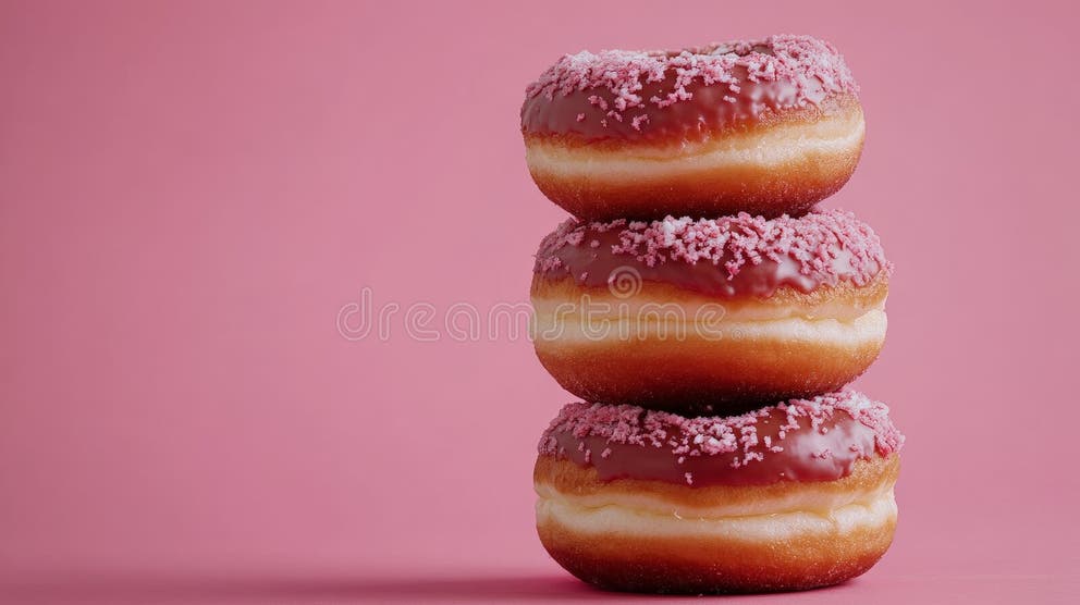 A Stack of Three Pink Frosted Doughnuts with Sprinkles on a Pink ...