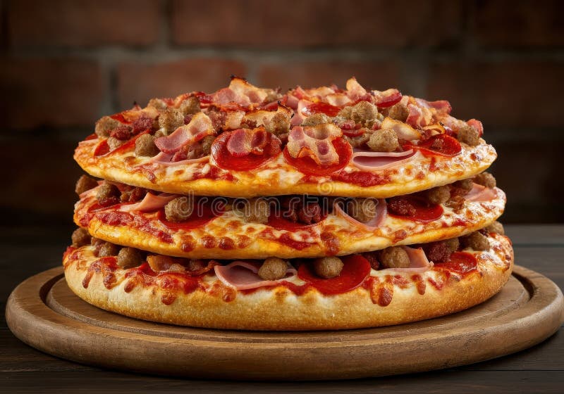 A Stack of Three Pizzas Sits on a Wooden Platter. Stock Illustration ...