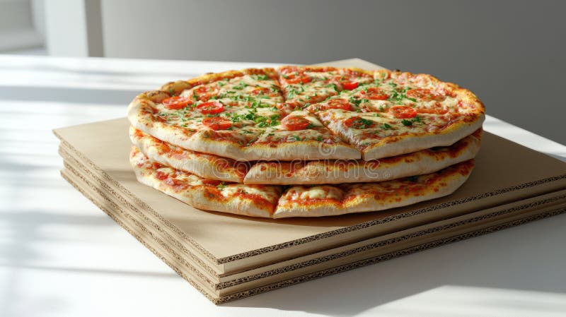 A Stack of Three Pizzas Sitting on Top of a Cardboard Box, AI Stock ...