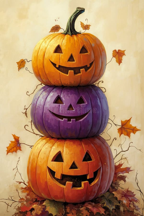 A Stack of Three Pumpkins Sitting on Top of Each Other Stock Photo ...