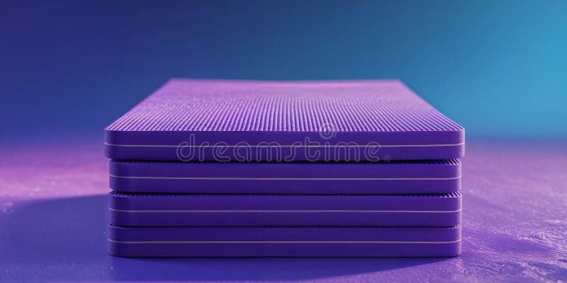 A Stack of Three Purple Exercise Mats with a Blue Background Stock ...