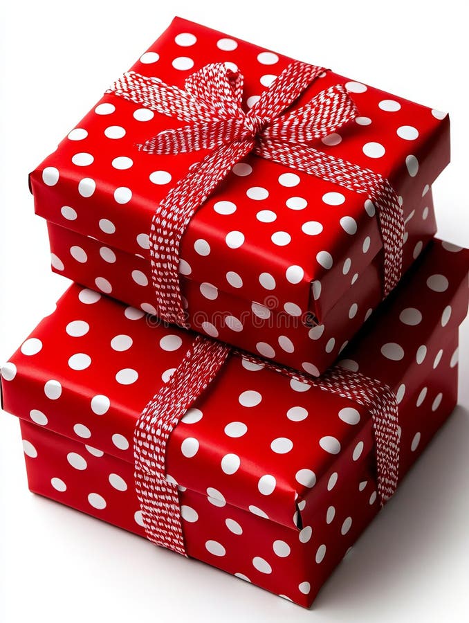 A Stack of Three Red and White Polka Dot Wrapped Presents with a Red ...