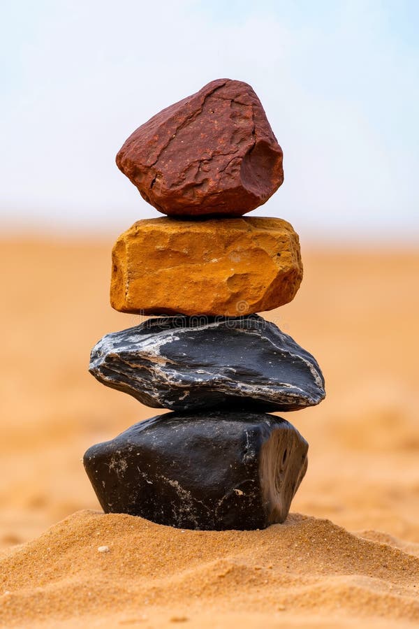 A Stack of Rocks Sitting on Top of Each Other in the Sand Stock Photo ...
