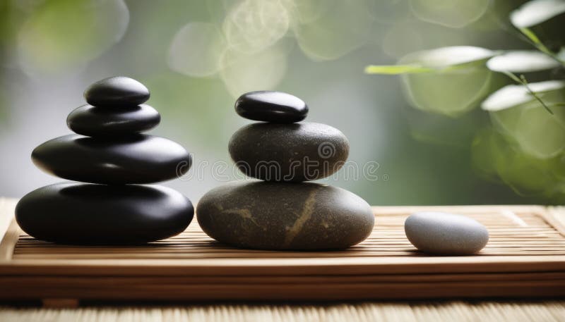 A Stack of Three Rocks on a Wooden Tray Stock Illustration ...