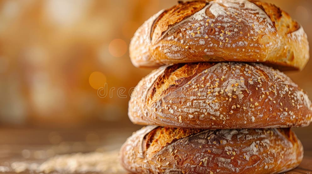 Stack of Three Rustic, Crusty Loaves of Bread. Stock Image - Image of ...