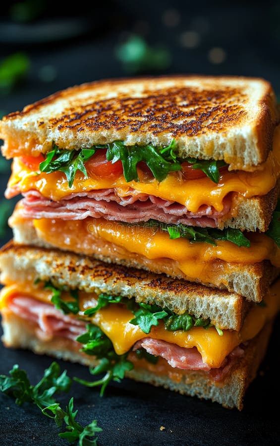 A Stack of Three Sandwiches with Ham, Cheese, and Lettuce Stock Photo ...