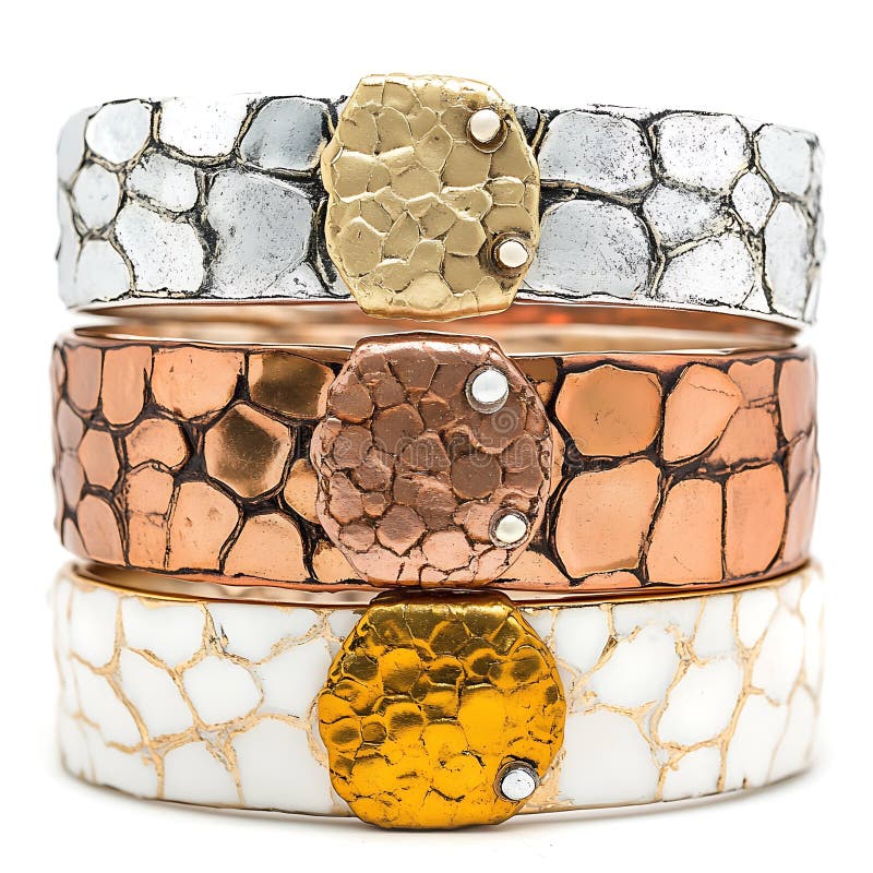 Stack of Three Stylish Metal Bangles with Cracked Texture Design these ...