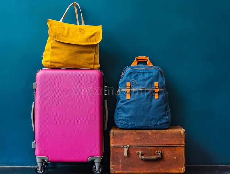 A Stack of Three Suitcases and a Backpack Sitting Next To Each Other ...