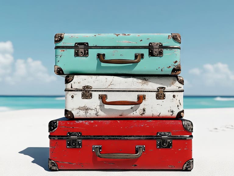 A Stack of Three Suitcases Sitting on Top of Each Other on a Beach ...
