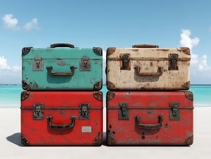 A Stack of Three Suitcases Sitting on Top of Each Other on a Beach ...