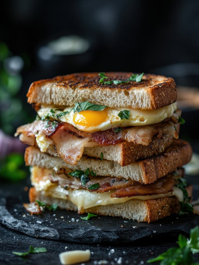 Stack of Three Toasted Sandwiches with Bacon, Egg, and Cheese Stock ...