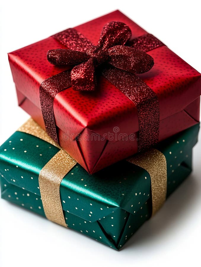 Three Wrapped Presents with Red Ribbon on Them are Stacked on Top of ...