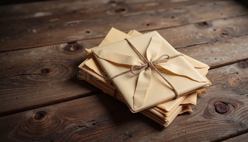 Stack of Tied Envelopes on Rustic Wooden Table, Nostalgic Communication ...