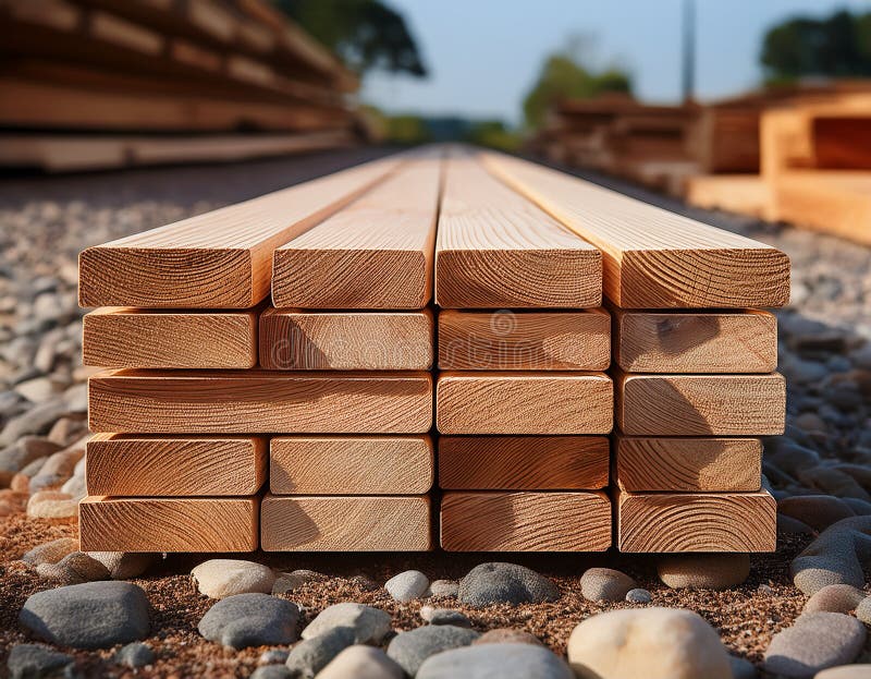 A Stack of Timber Beams Aligned Perfectly on a Gravel Base ...