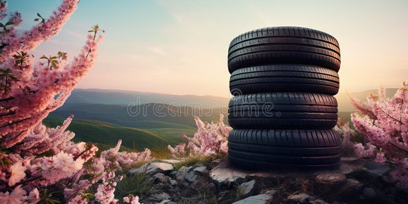 Stack of Tires Against the Backdrop of a Beautiful Spring Landscape ...