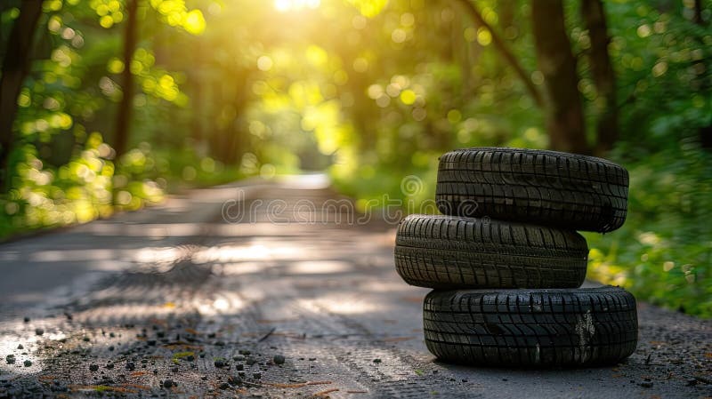 A Stack of Tires on a Forest Path Stock Illustration - Illustration of ...