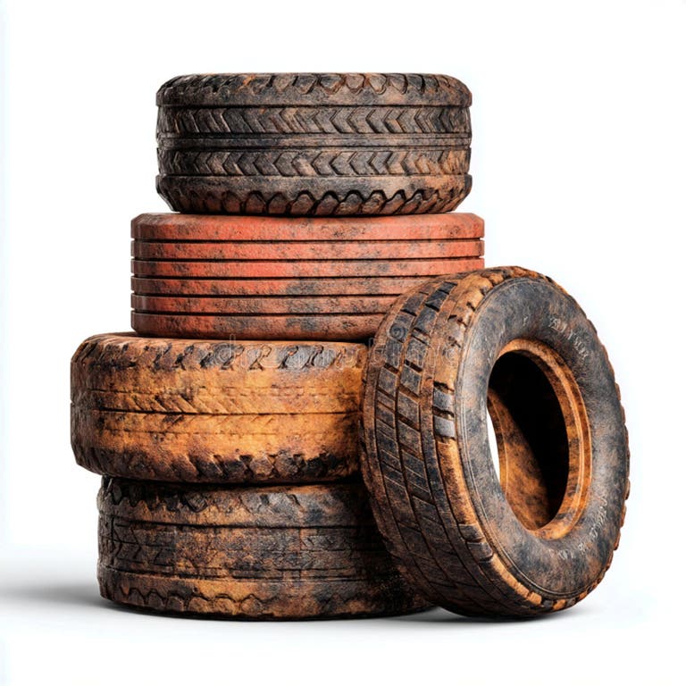 Stack of Used Tires with Mud and Wear on a Plain Backdrop Stock ...