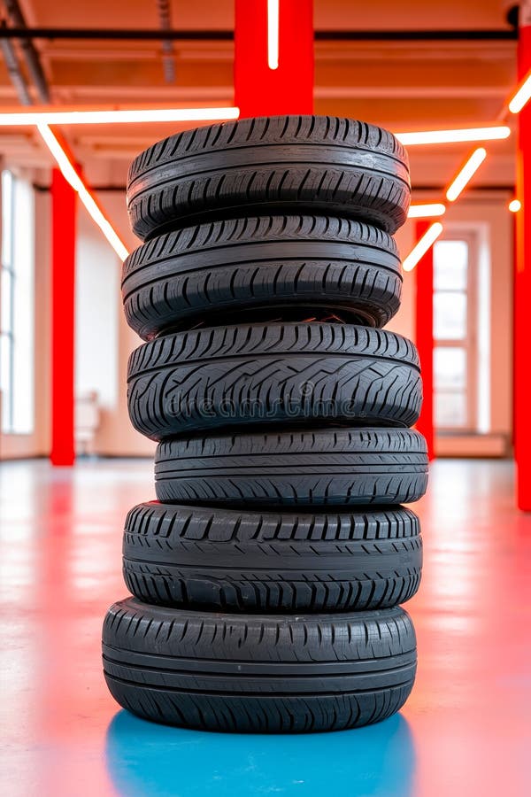 A Stack of Tires Stacked on Top of Each Other in a Garage Stock Photo ...