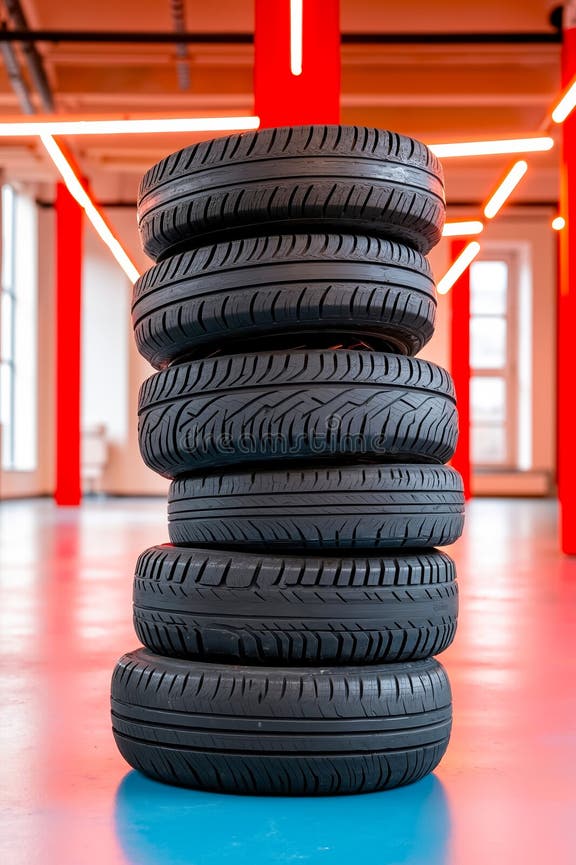A Stack of Tires Stacked on Top of Each Other in a Garage Stock Photo ...
