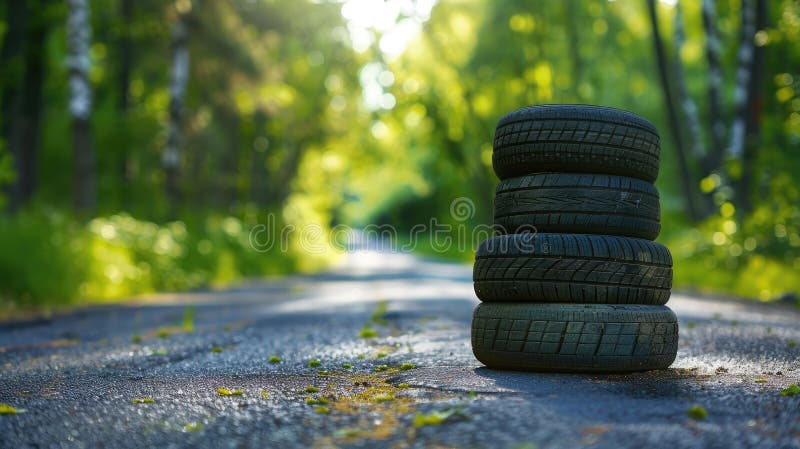 A Stack of Tires in a Sun-Dappled Forest Path Stock Photo - Image of ...