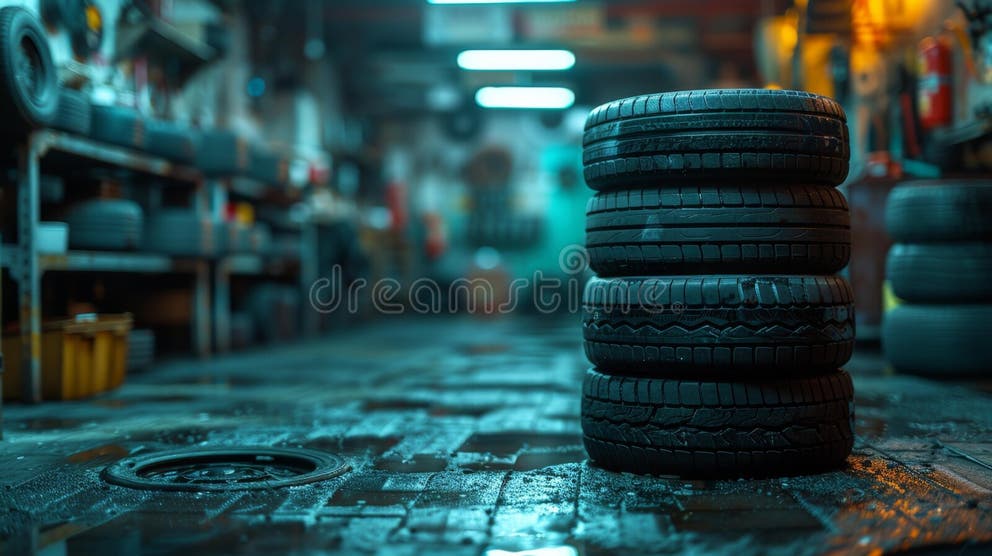 Stack of Tires in a Workshop - Generative Ai Stock Illustration ...