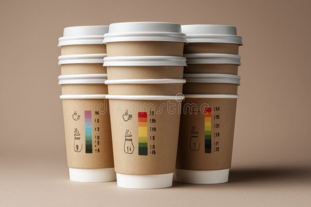 Stack of To-Go Cups with Caffeine Level Indicators Arranged Neatly in a ...