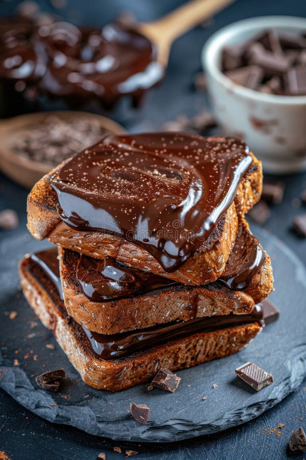 A Stack of Toast with Chocolate on Top, Ideal for Breakfast Menus Stock ...